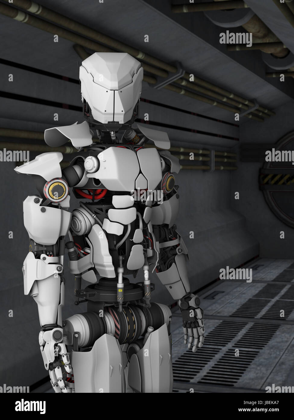 A futuristic robot standing in a science fiction inspired corridor ...