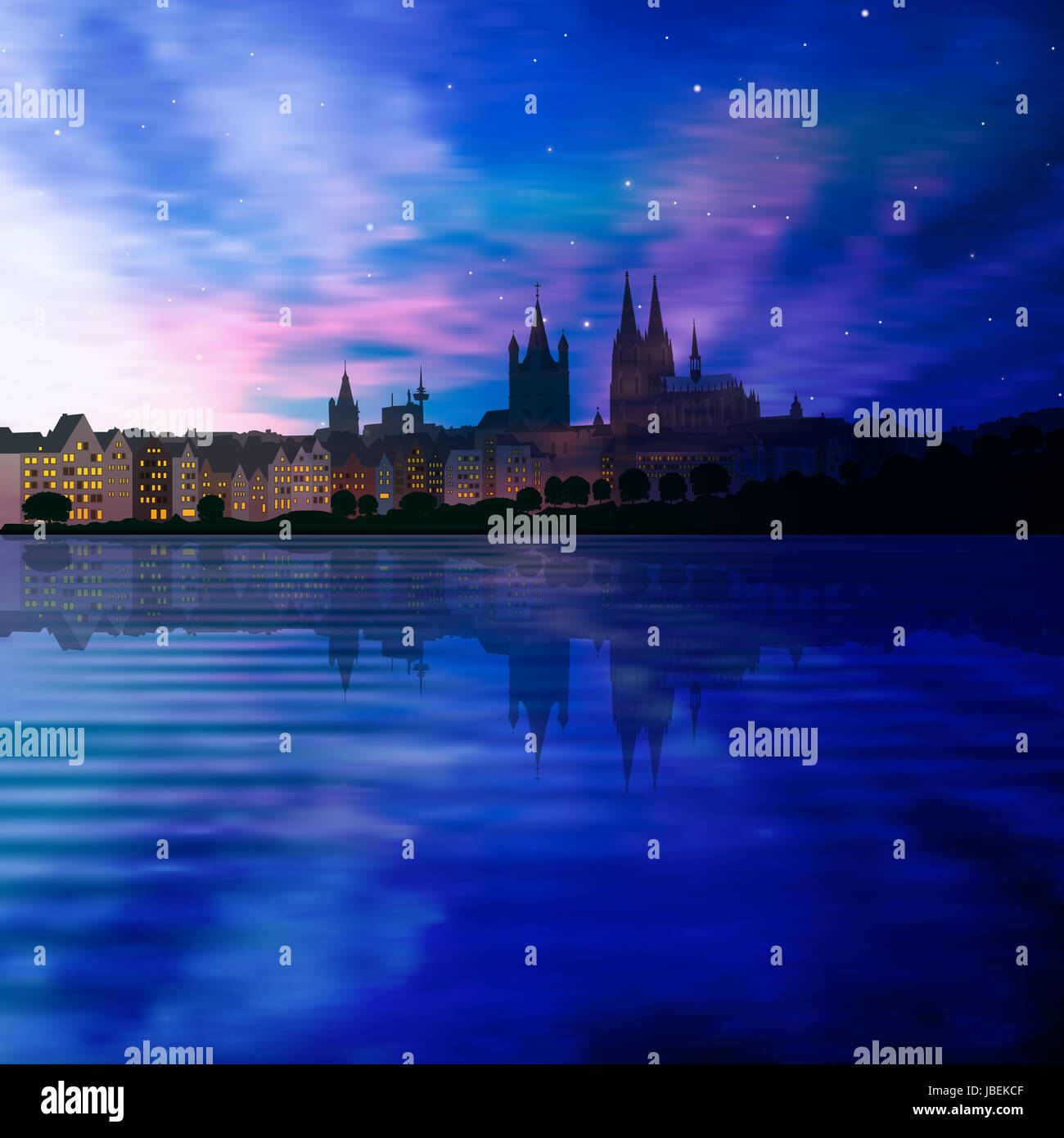 abstract blue background with sunset and silhouette of Koln Stock Photo ...