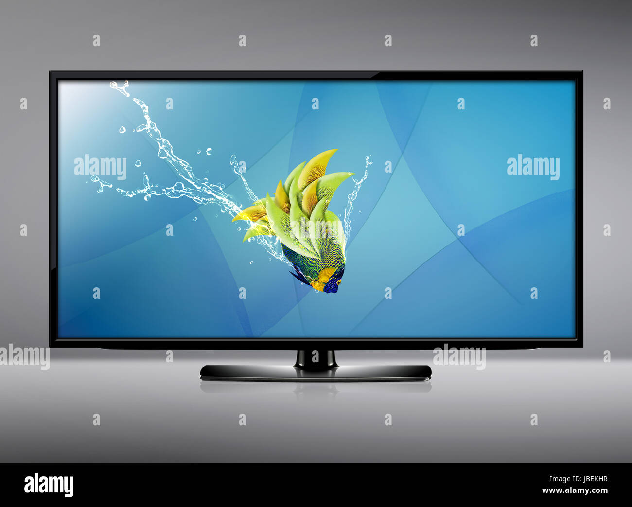 Black LCD tv screen and fish with water splash . (with clipping work ...