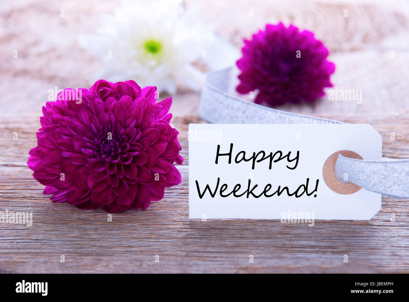 Label with Happy Weekend and Purple Flowers in the Background Stock ...