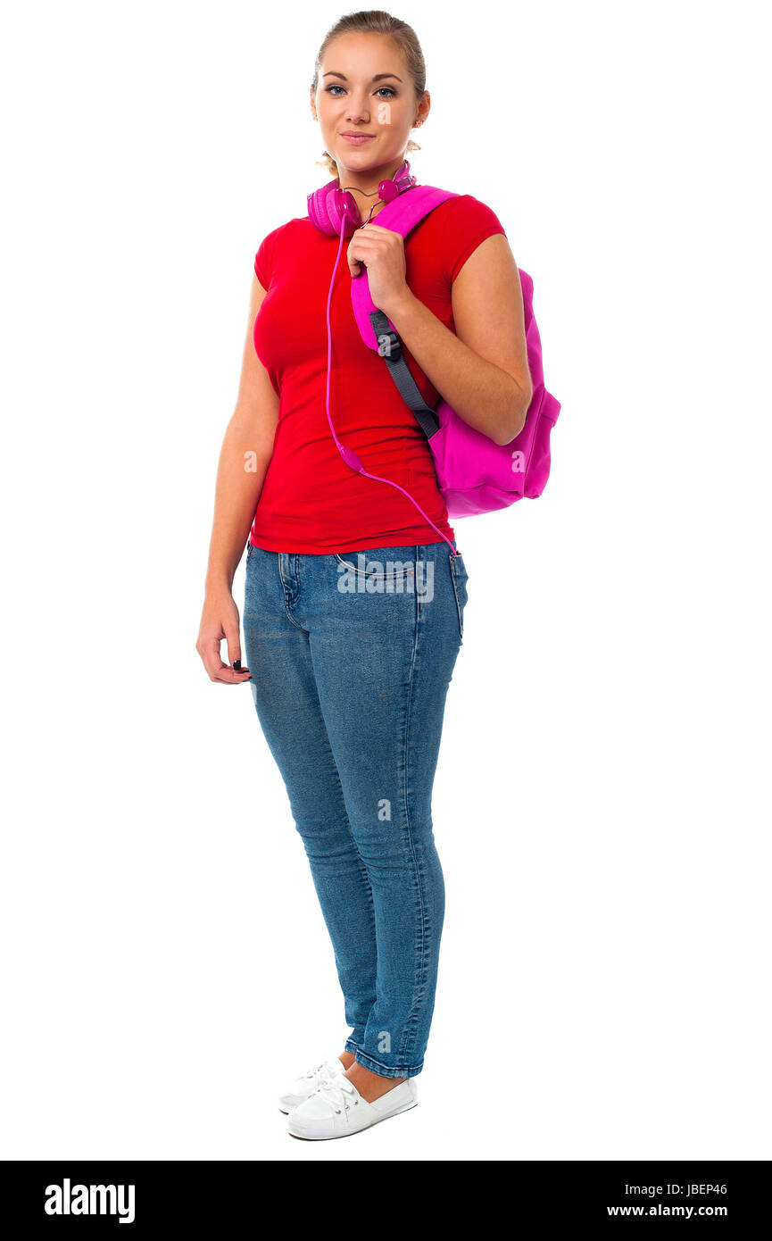 Beautiful university girl posing with backpack Stock Photo - Alamy