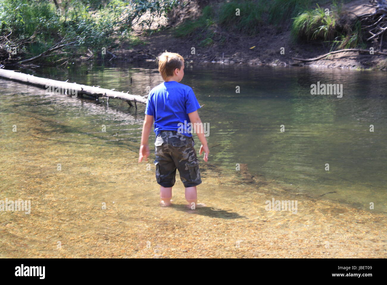 Boy Wading In River Looking for Trout Stock Photo - Alamy