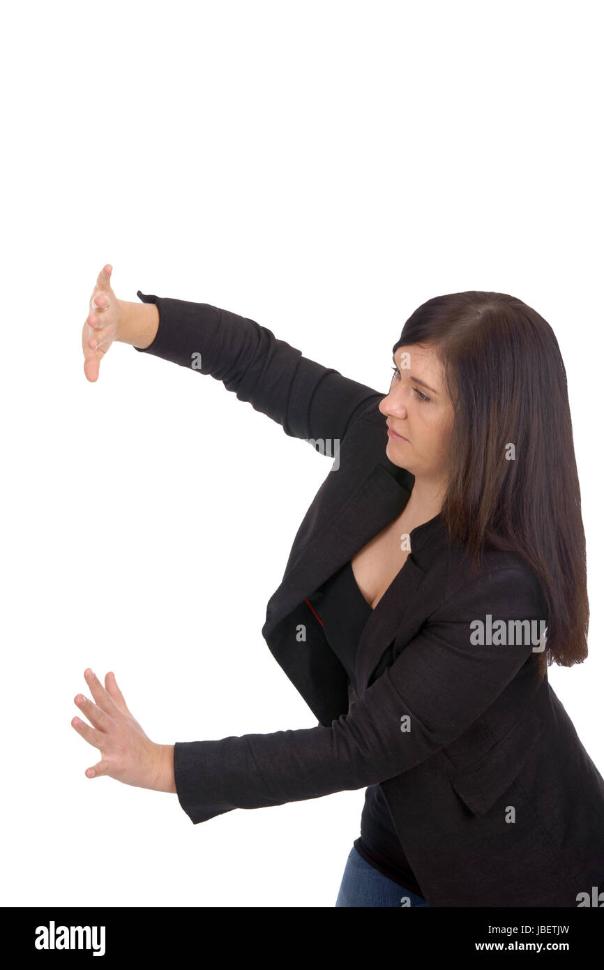 Business woman pushing something Stock Photo - Alamy