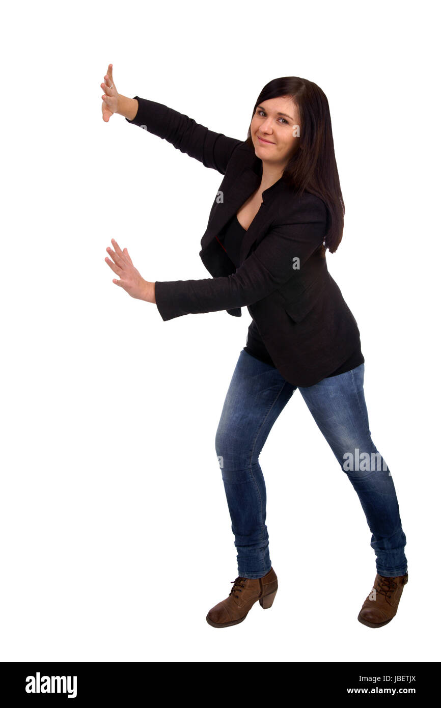 Business woman pushing something Stock Photo - Alamy