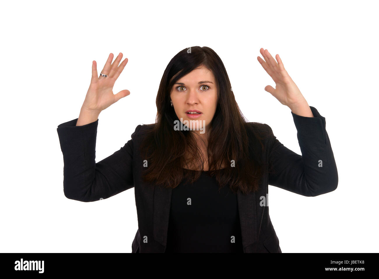 Woman holds up her hands Stock Photo - Alamy