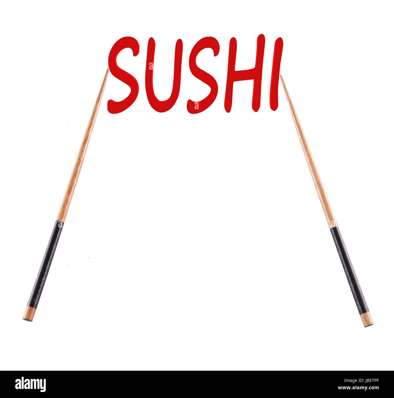 Red text "Sushi" in between two japanese sticks, isolated over white ...