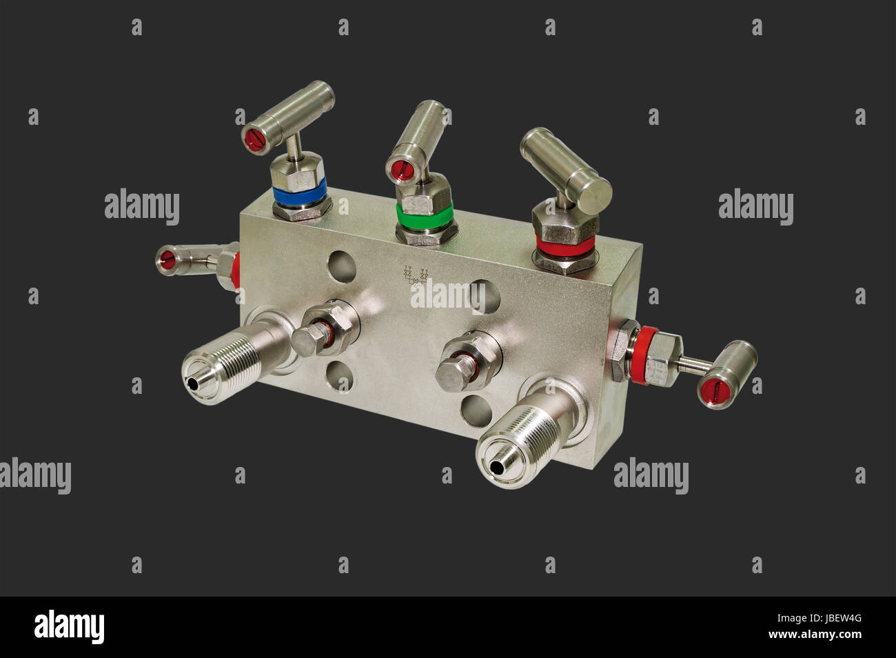 Manifold block for the differential sensor. Isolated on a dark gray ...