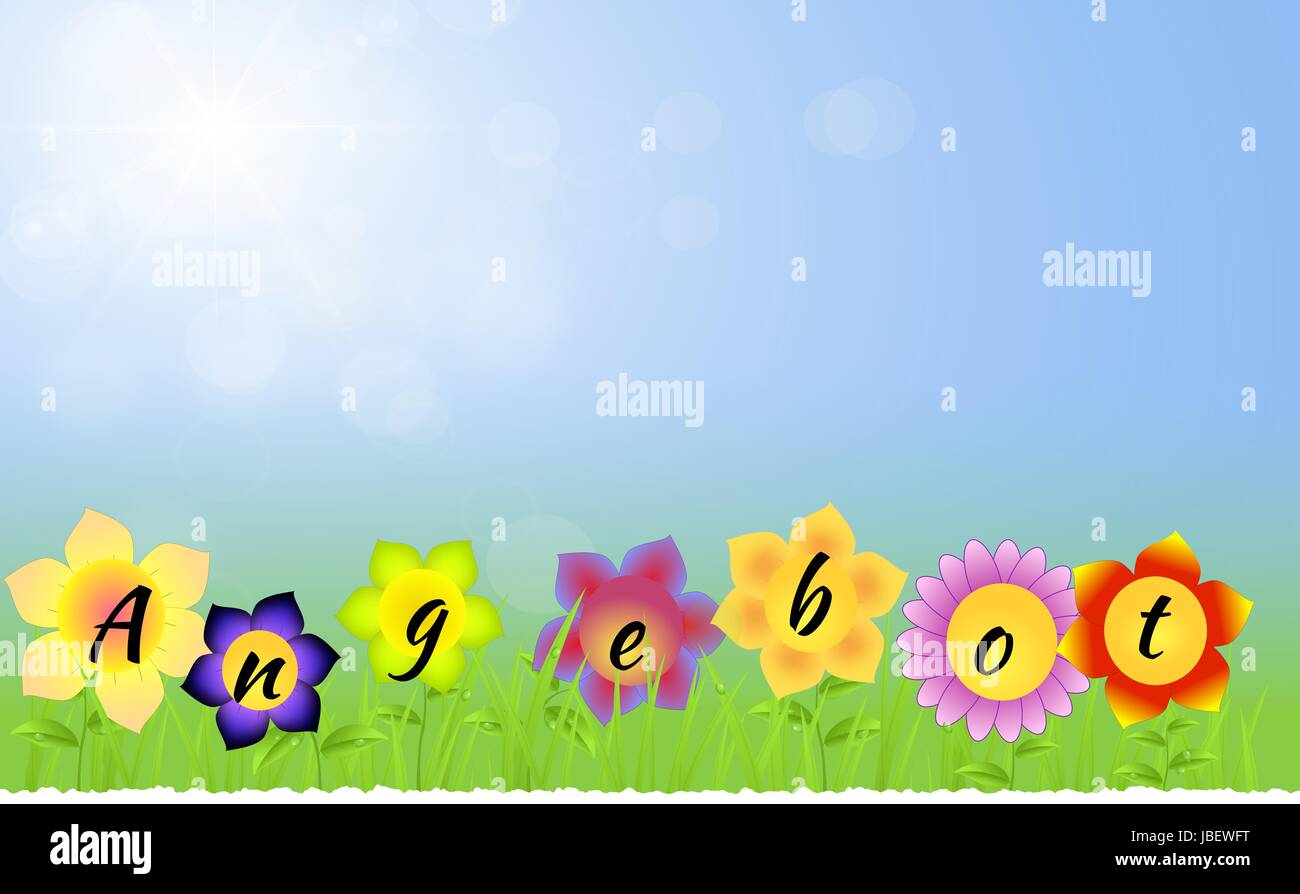 Banner with Discounts on the flowers with blue sunny background with ...