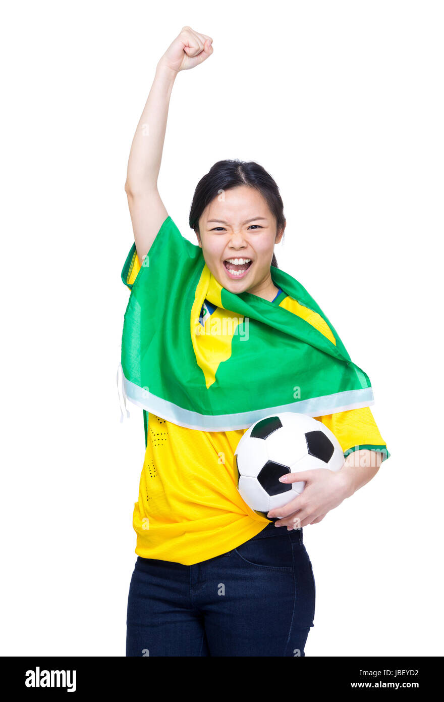 Excited asia female football supporter holding soccer ball Stock Photo ...