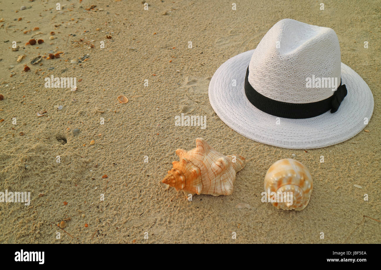 White straw hat on the sand beach with two types of beautiful natural ...