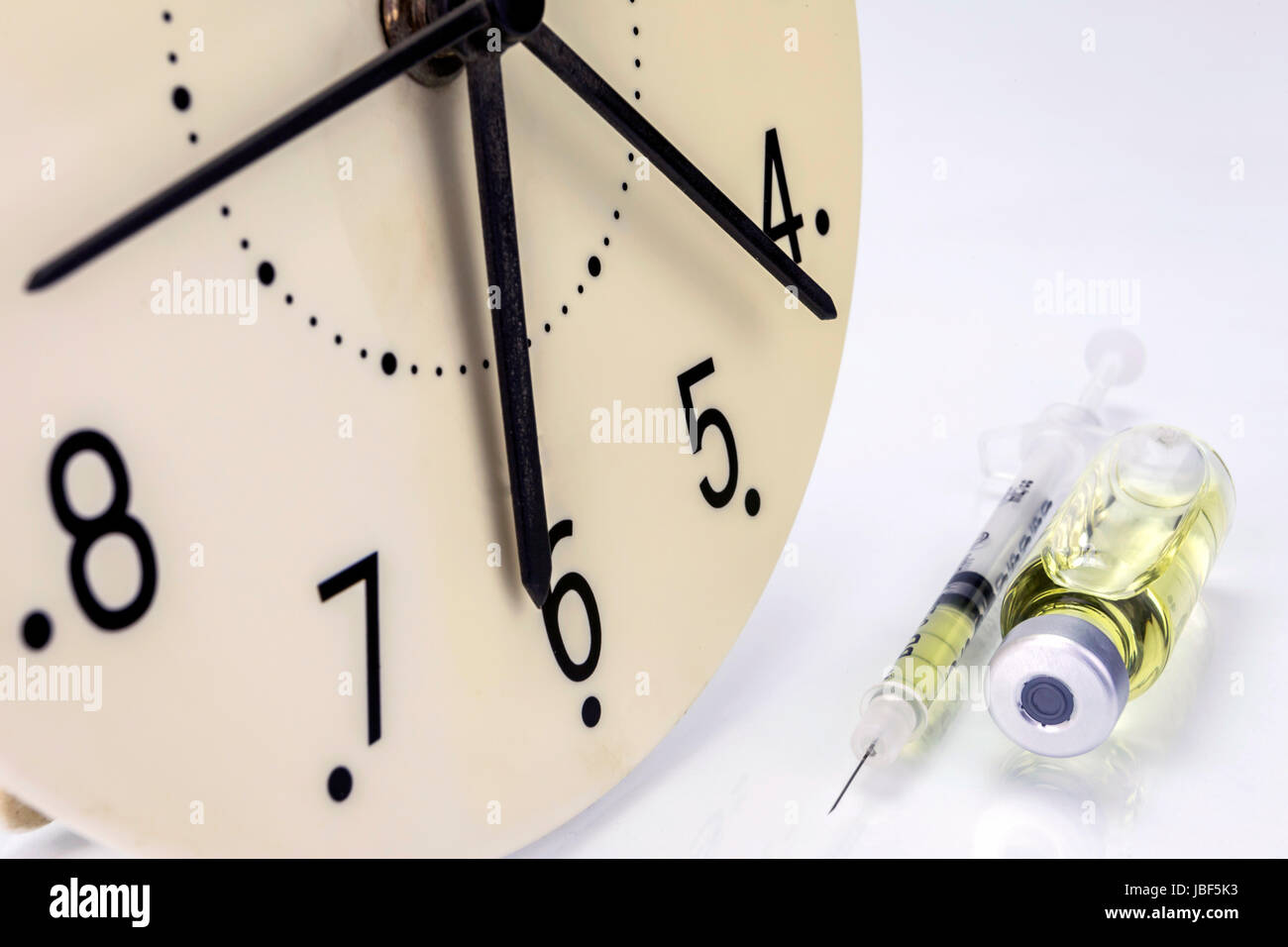 medicine vials and syringe, the clock shows the time of the medication ...