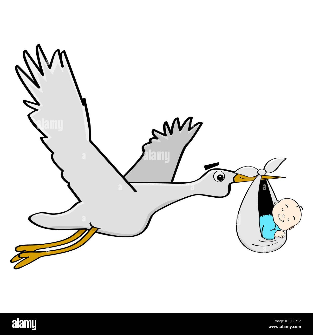 Cartoon illustration showing a stork carrying a sleeping baby Stock ...