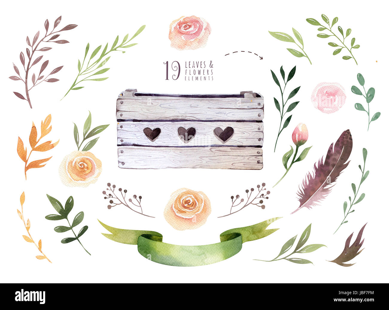 Hand drawing isolated boho watercolor floral illustration with leaves ...