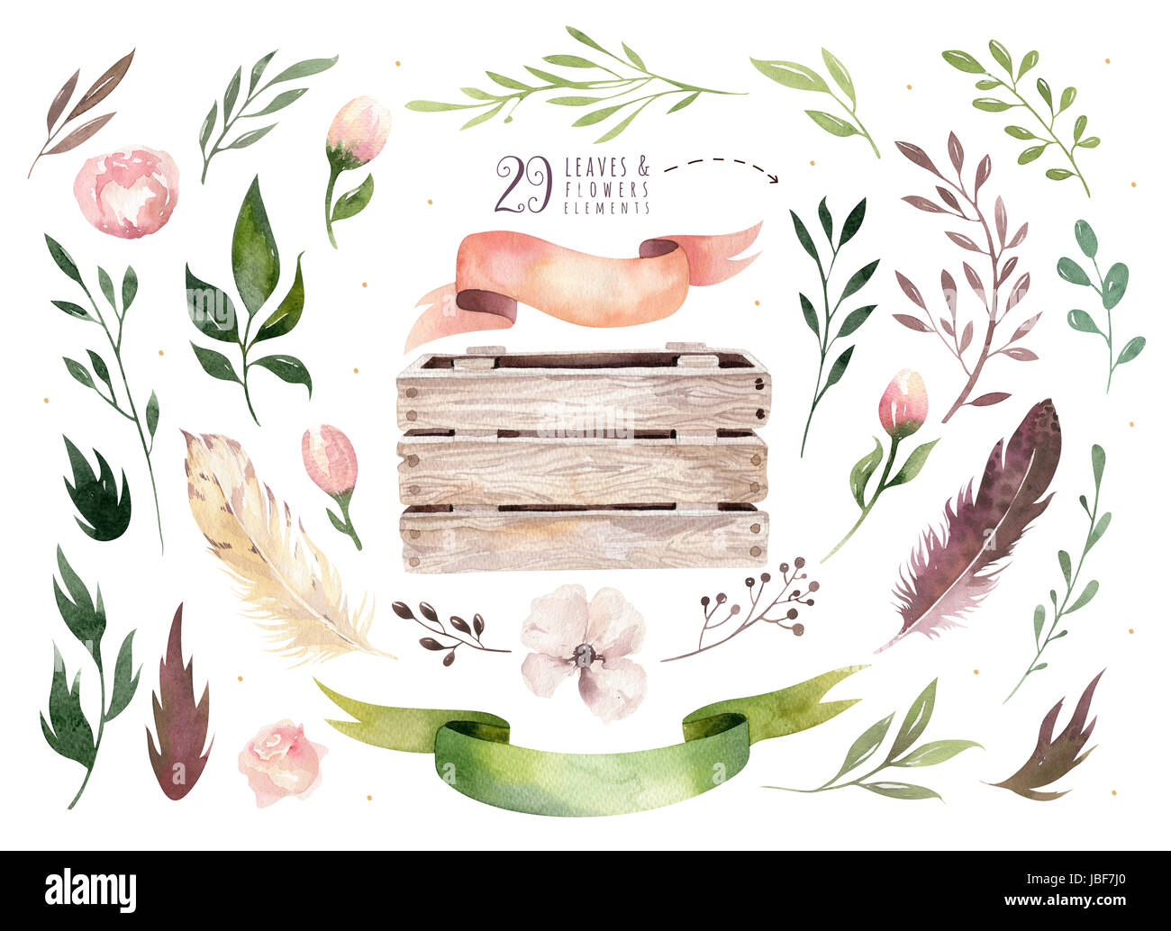 Hand drawing isolated boho watercolor floral illustration with leaves ...