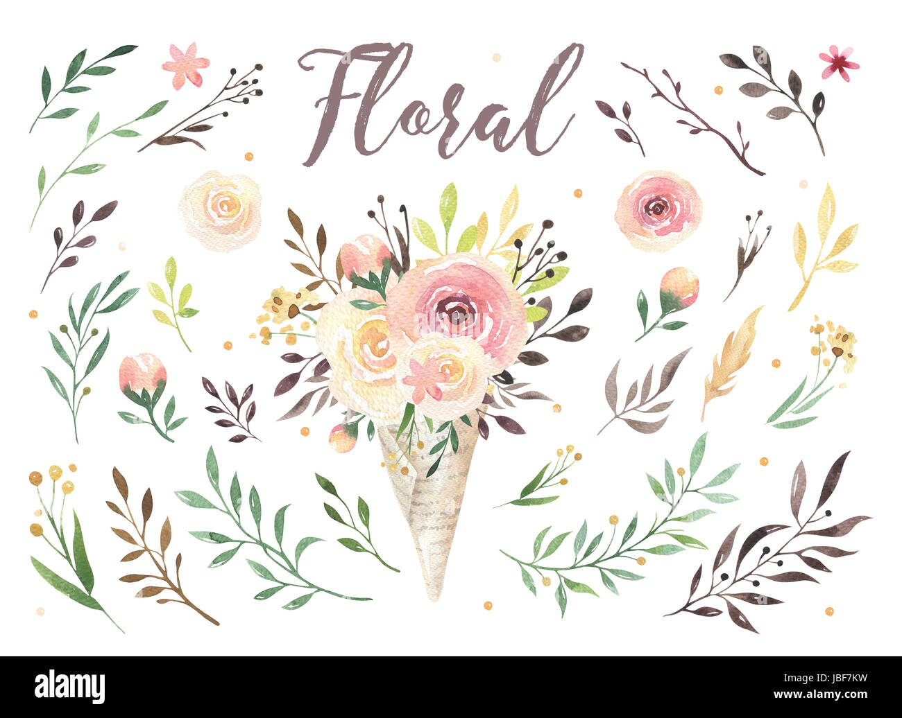 Hand drawing isolated boho watercolor floral illustration with leaves ...