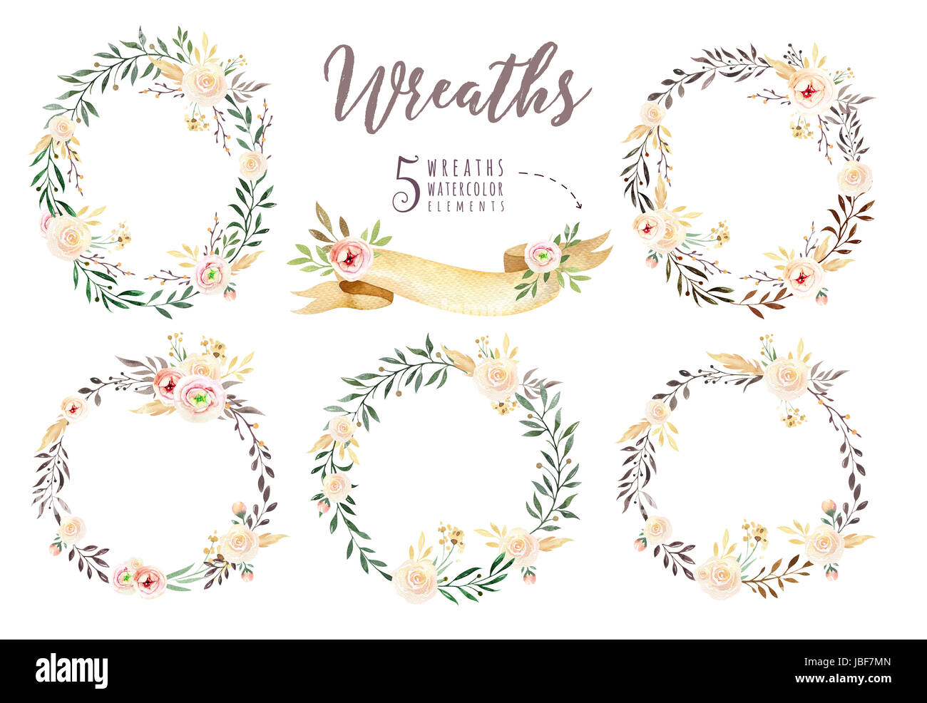 Hand drawing isolated boho watercolor floral illustration with leaves ...