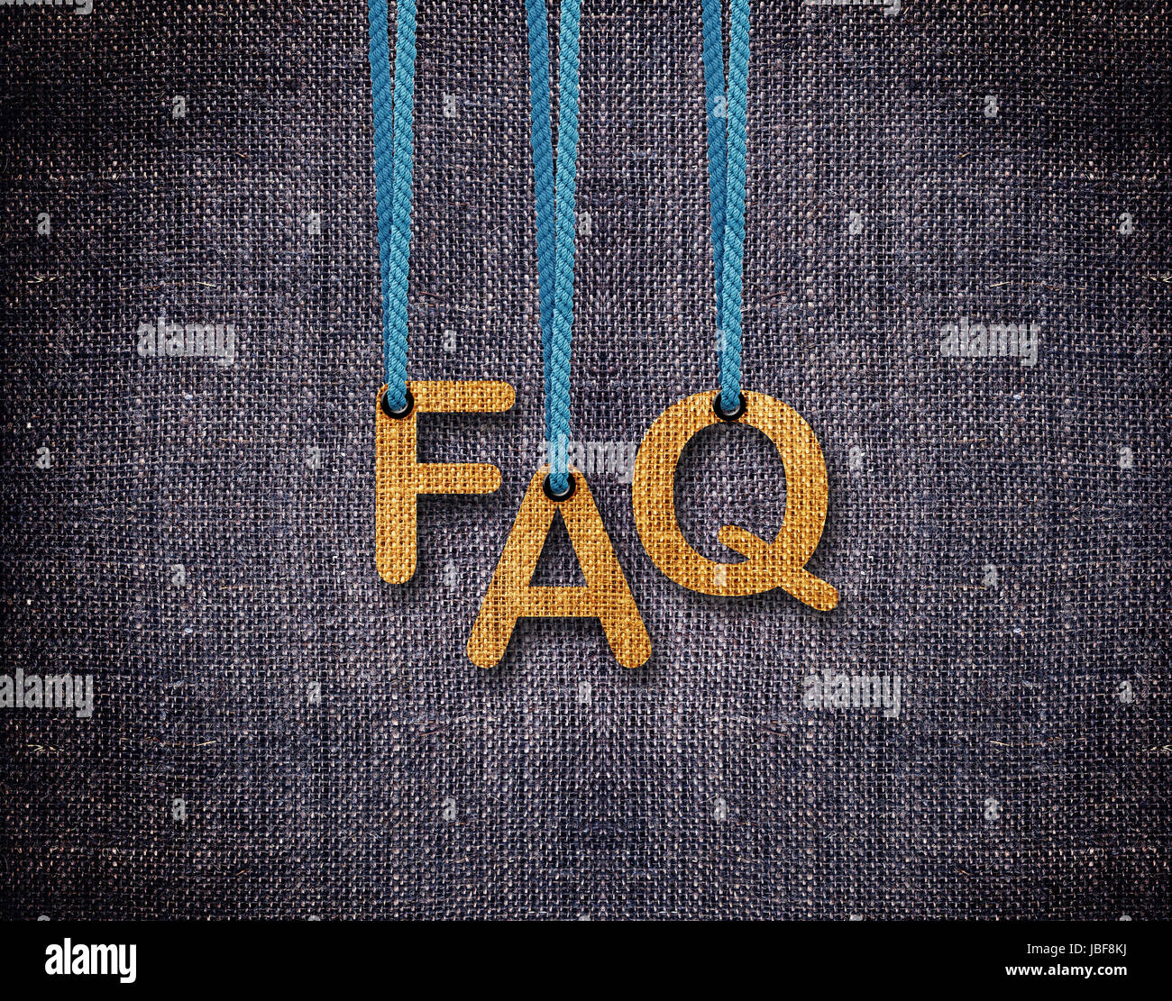 FAQ Letters hanging strings with blue sackcloth background Stock Photo - Alamy
