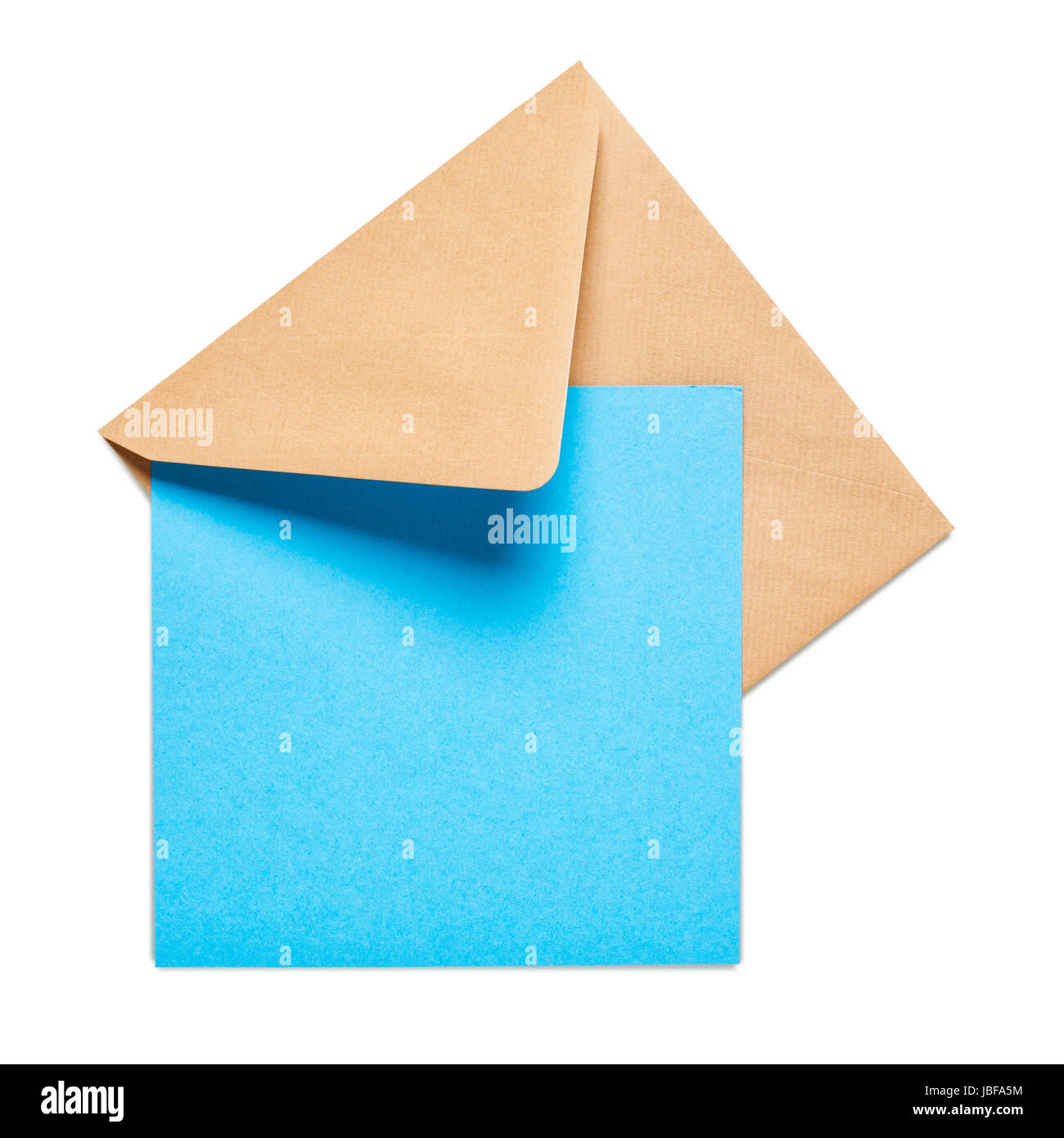 Brown square envelope with blue card on white background, clipping path ...