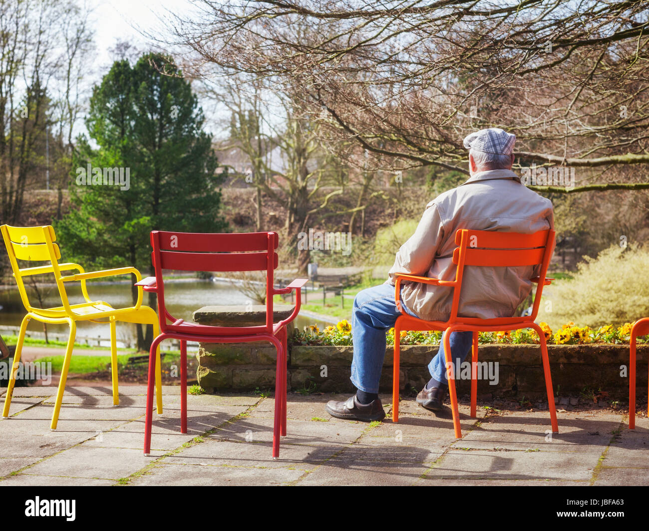 Rear view of elderly man sitting on chair in early spring park Stock ...
