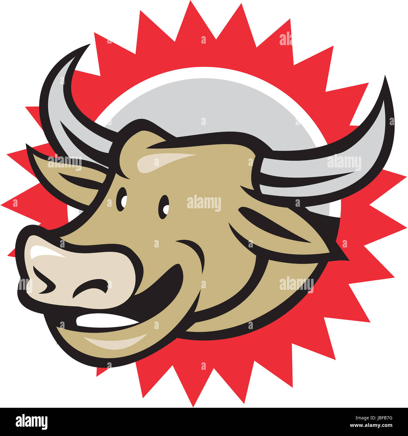 Illustration of laughing cow bull head facing to side on isolated ...