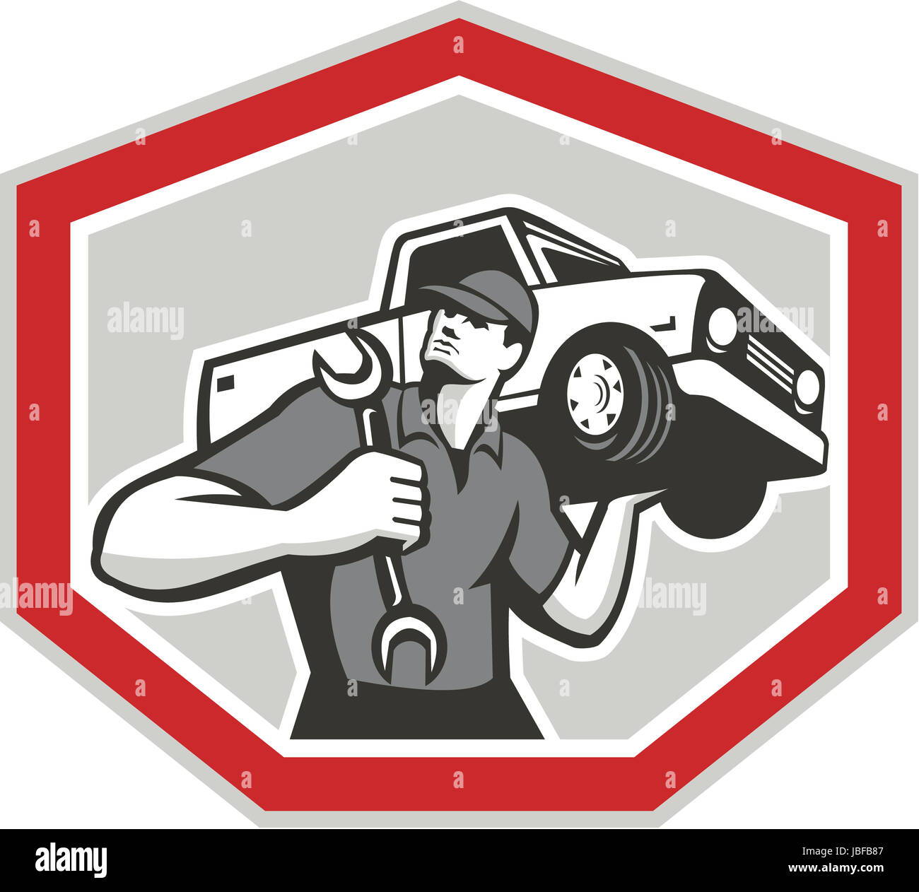 Illustration of an automotive mechanic carrying pick-up truck car ...