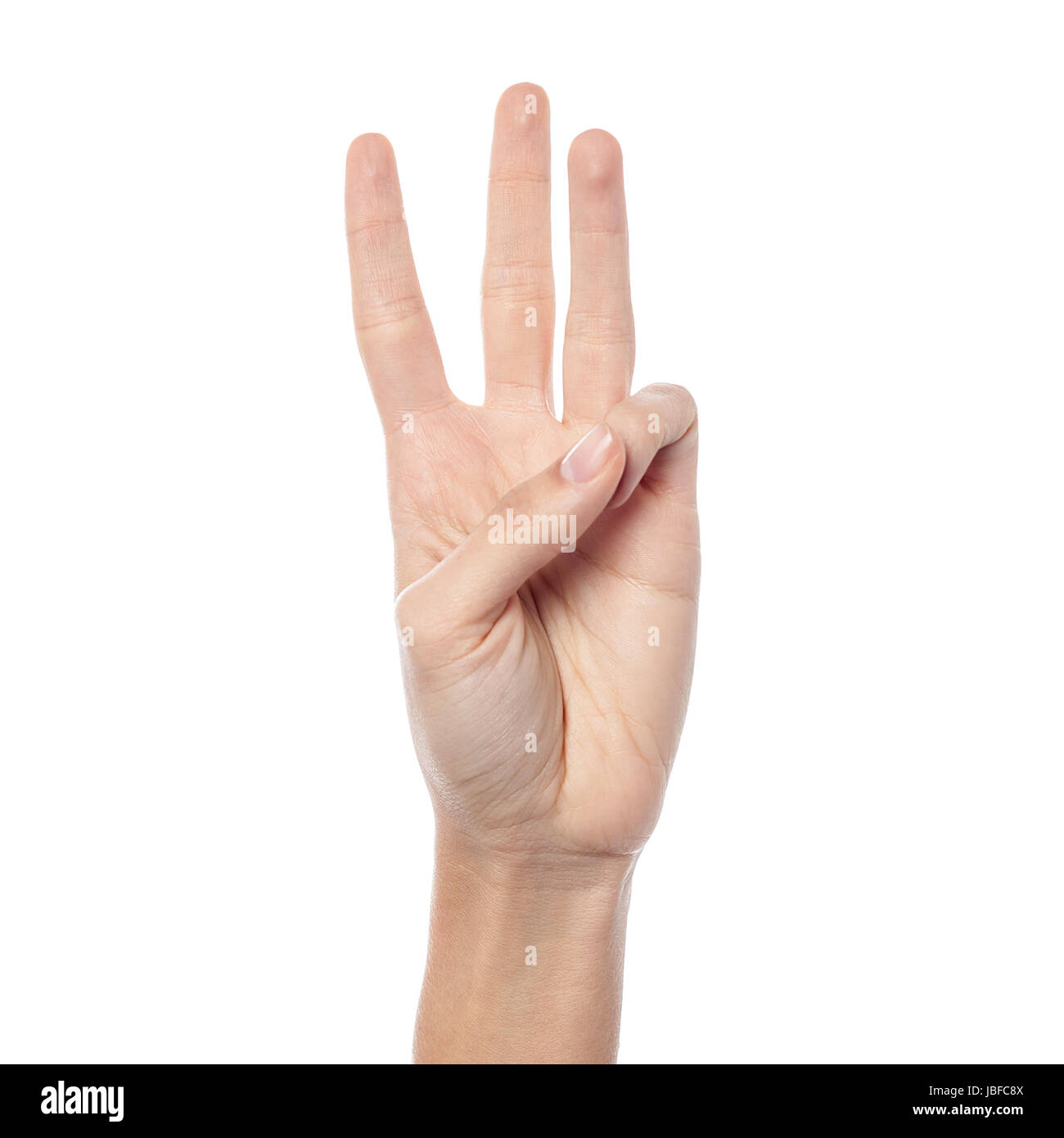 Woman hand showing number three, white background Stock Photo - Alamy