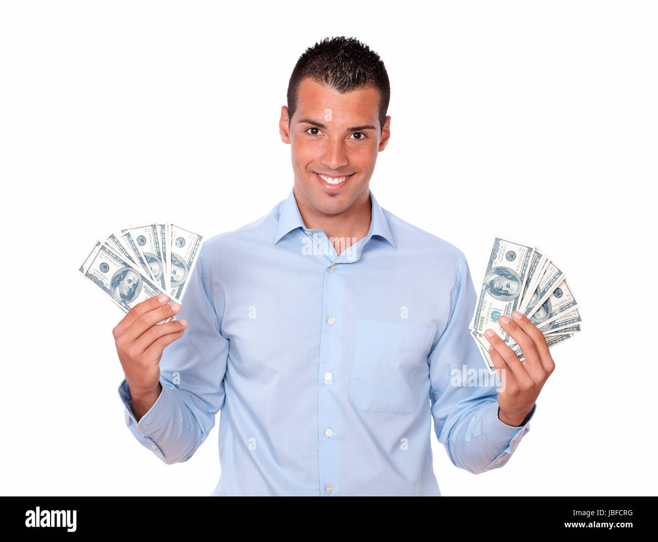 Portrait of an attractive latin man holding his cash money while ...