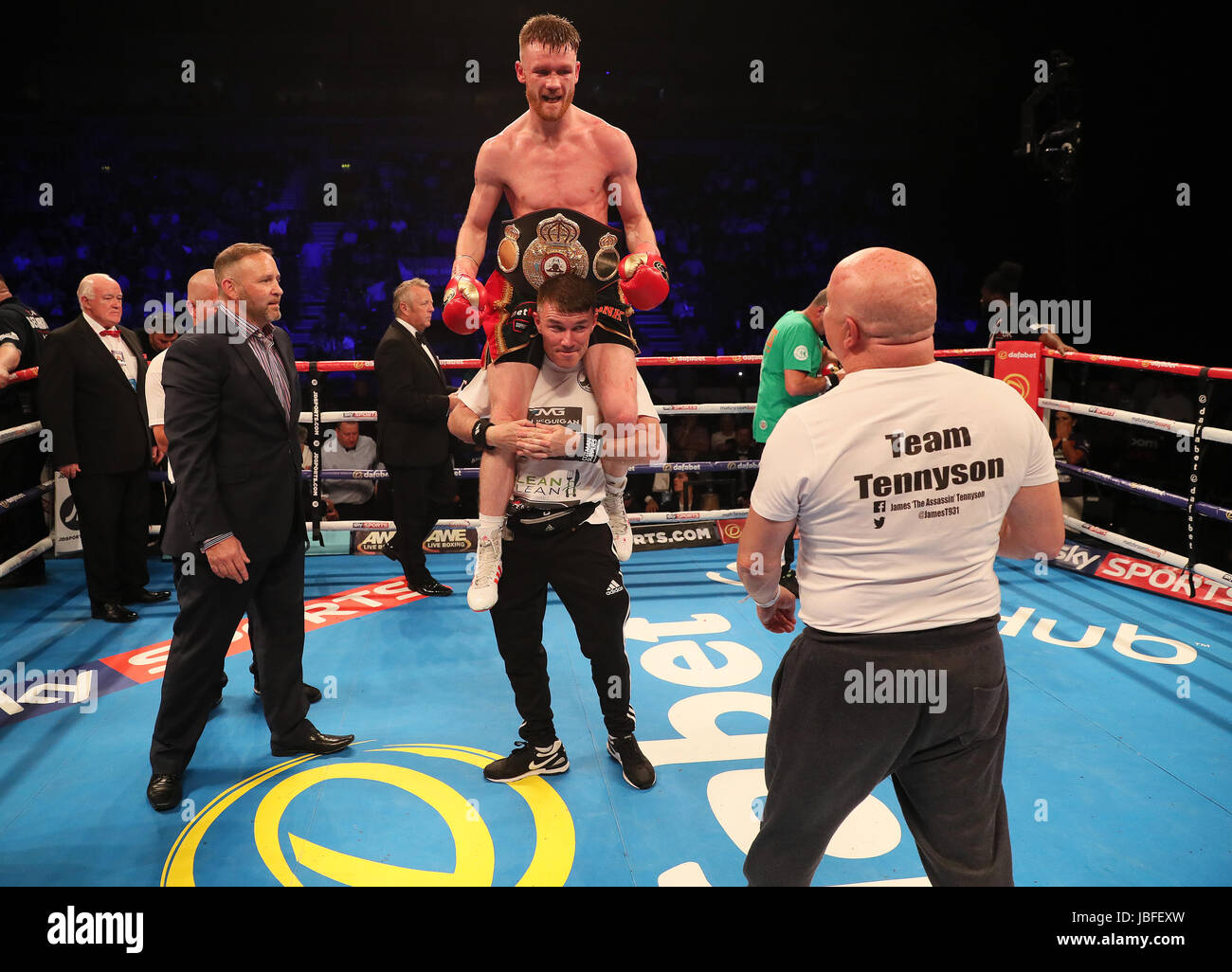 James Tennyson celebrates after defeating Ryan Doyle during their WBA ...