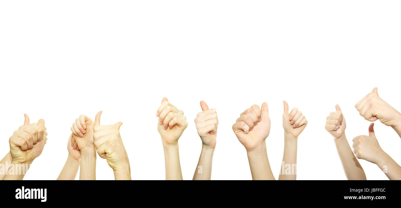 Many hand lifted up on white background Stock Photo - Alamy