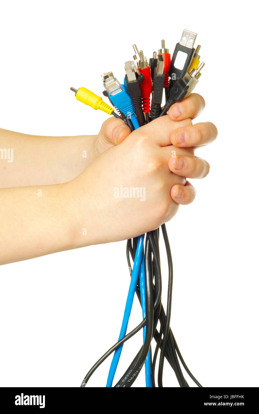 cables in hand isolated on white background Stock Photo - Alamy