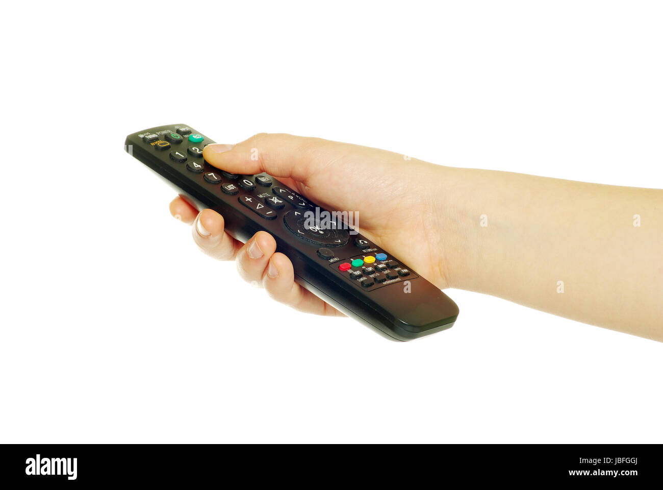 remote control in hand isolated on white background Stock Photo - Alamy