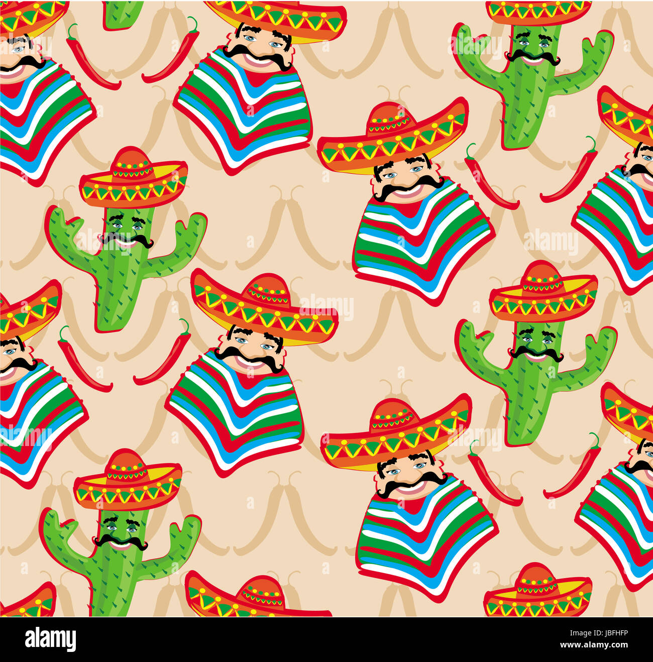 Mexican pattern with cactus, hat and chill illustration over background ...