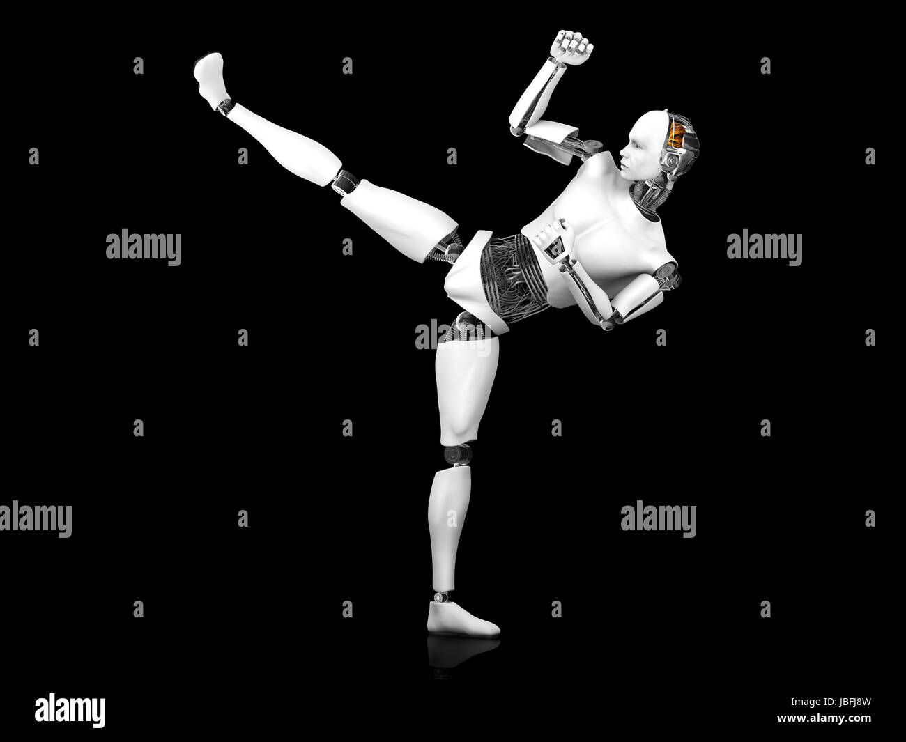 A male robot doing a karate kick. Black background Stock Photo - Alamy