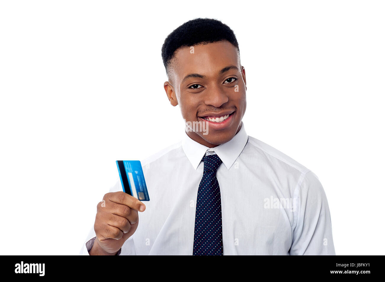 Young corporate guy showing his debit card Stock Photo - Alamy
