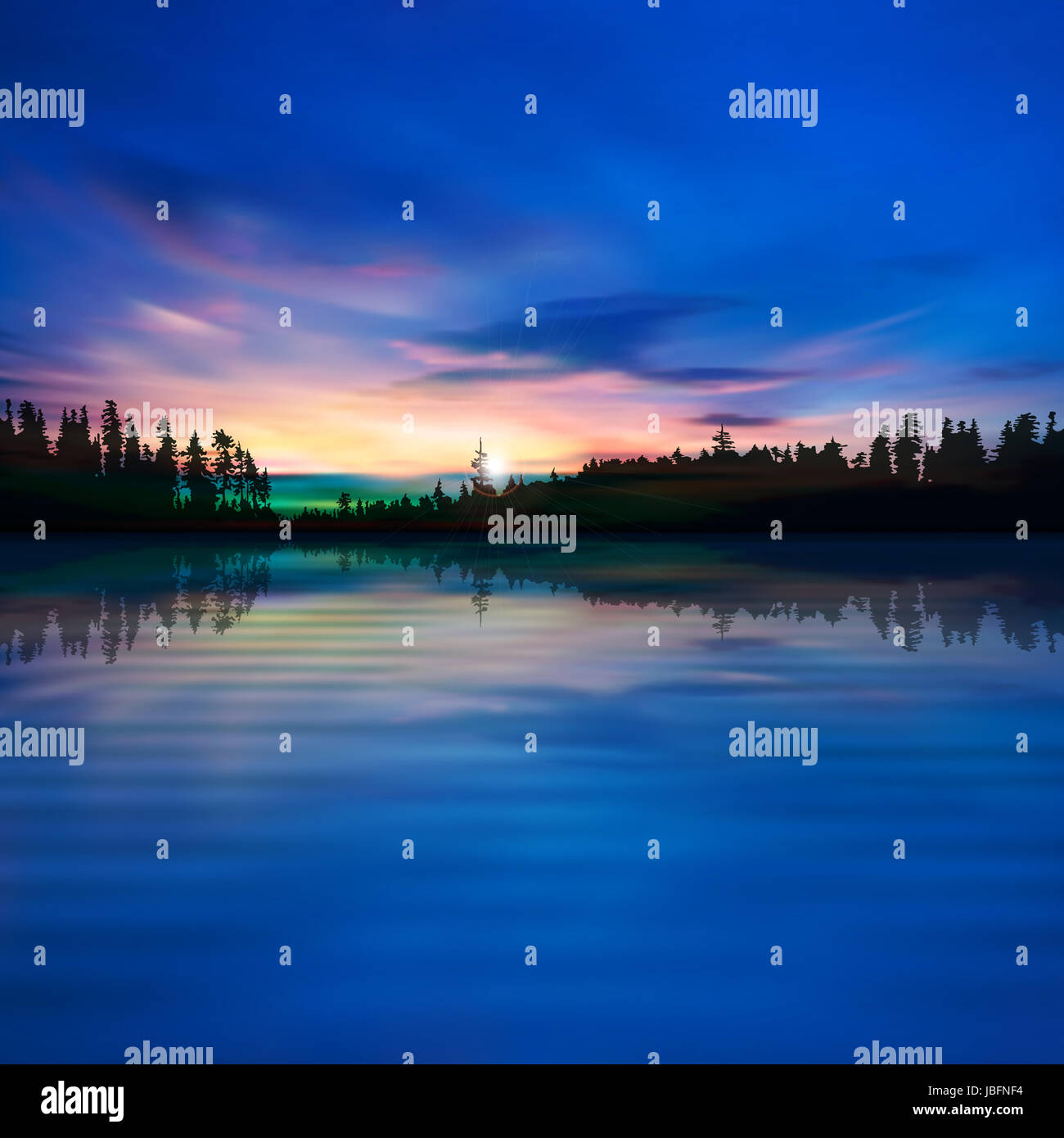 abstract nature blue background with forest lake and sunrise Stock ...