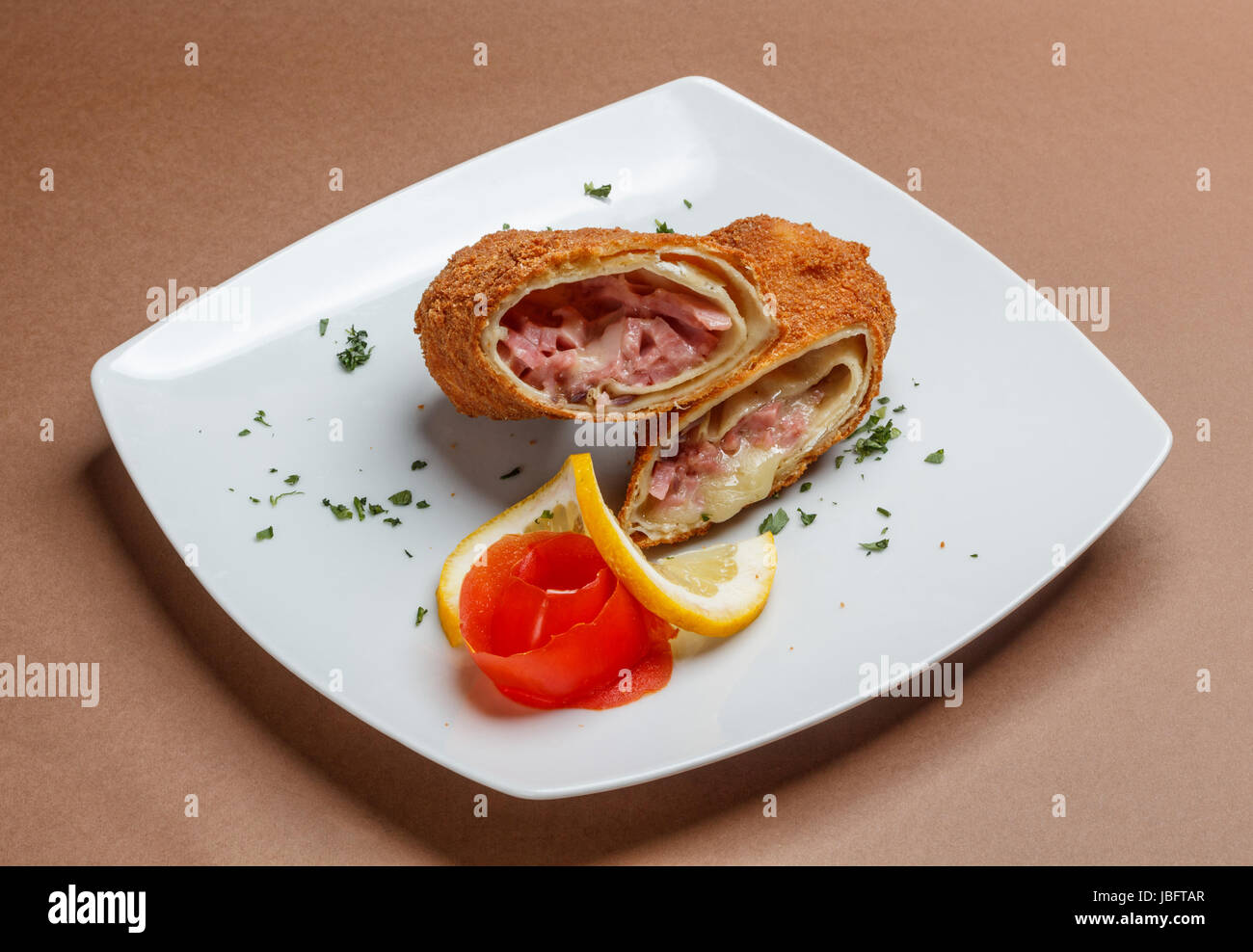 Pancakes stuffed cheese and ham Stock Photo - Alamy