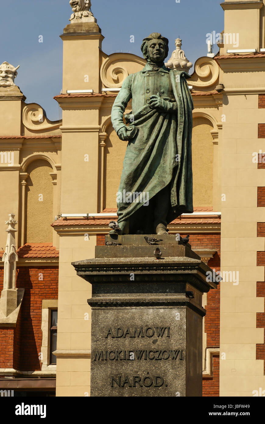 The statue of Adam Mickiewicz in front of the cloth hall in Krakow in ...