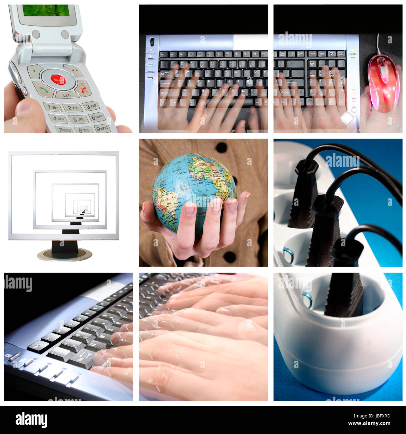 Tehnology collage: keyboard, outlet, cell phone, computer monitor and ...