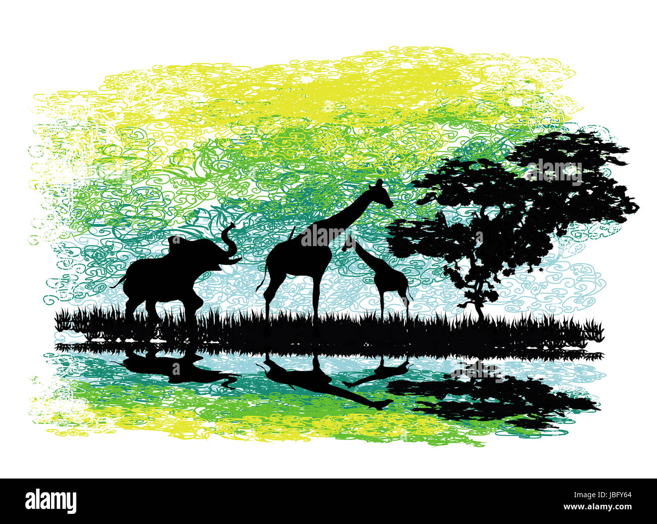 Safari africa silhouette wild animals reflection water Cut Out Stock ...