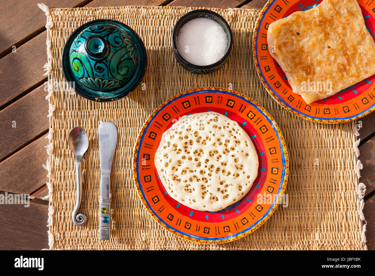 Typical moroccan breakfast with Beghrir and M’semmen (tender Moroccan ...