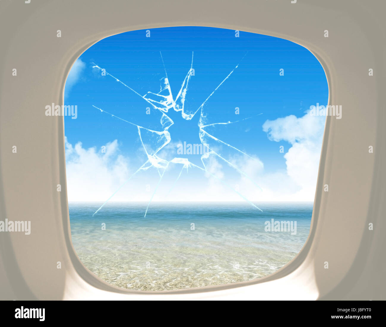 A broken airplane window with a beautiful blue ocean sea Stock Photo ...