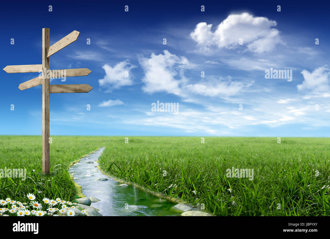 Landscape: grassland with stream and direction arrow with blue sky and ...