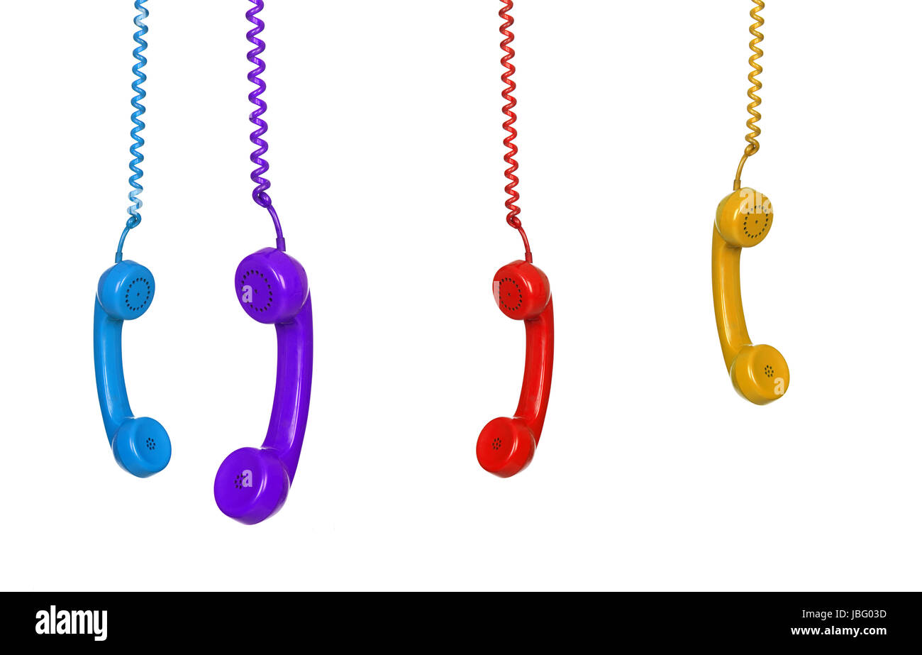 Four colored phones hanging isolated on white background Stock Photo ...