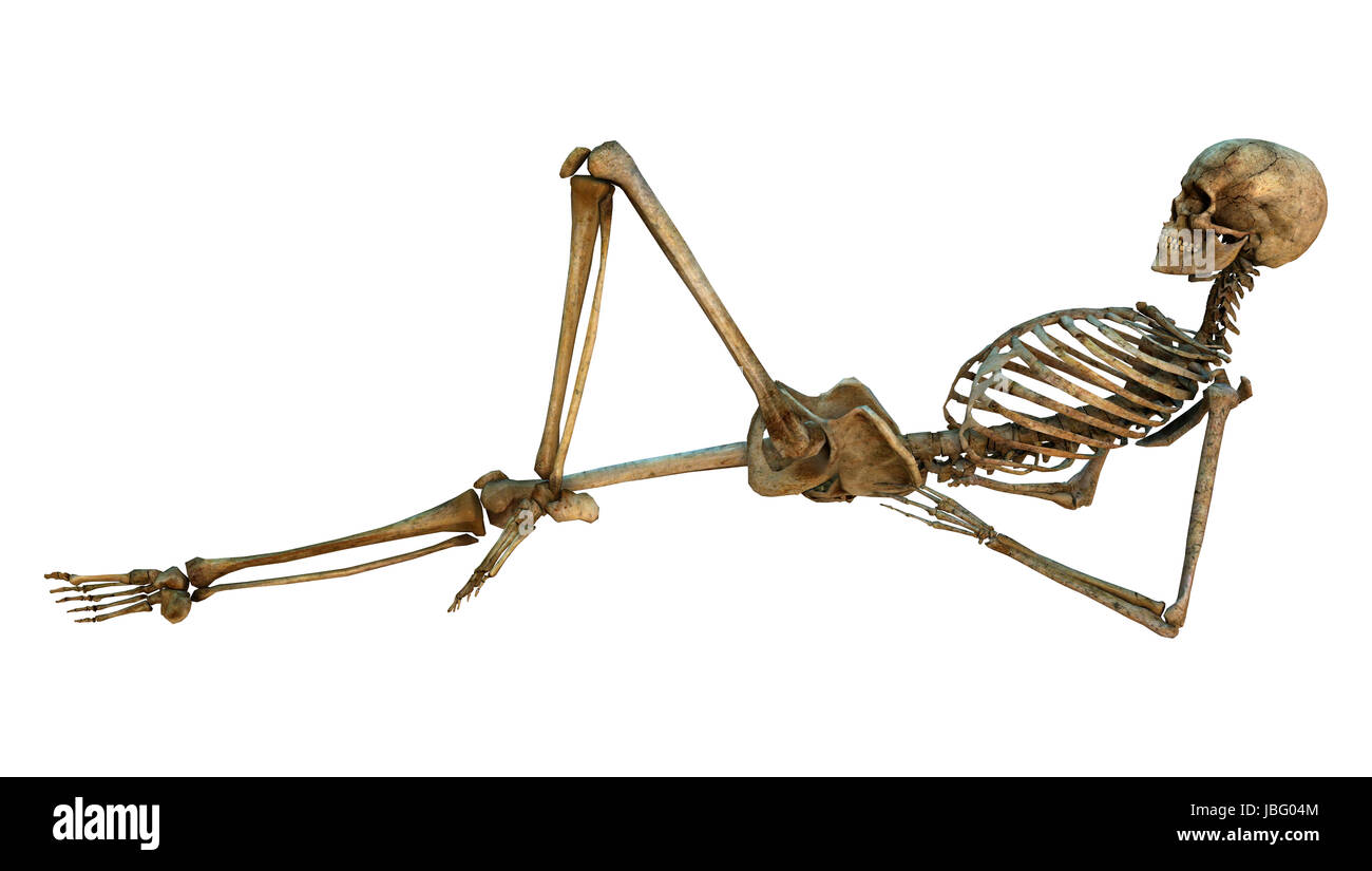 3D digital render of a resting old human skeleton isolated on white ...