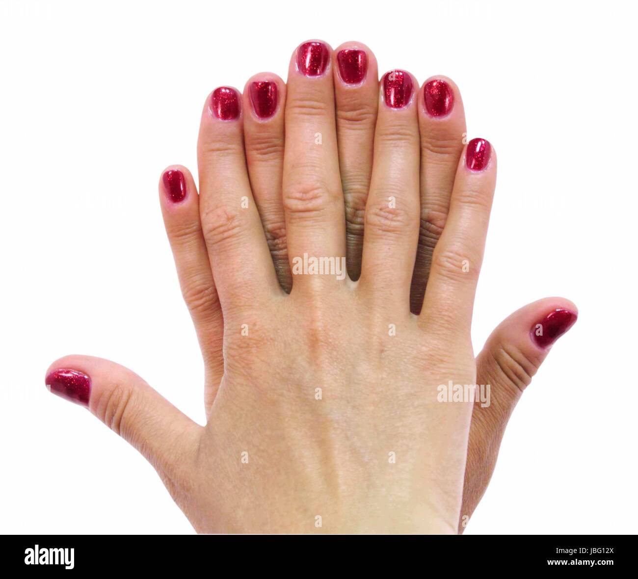 two women hands with red nails on a white background Stock Photo - Alamy