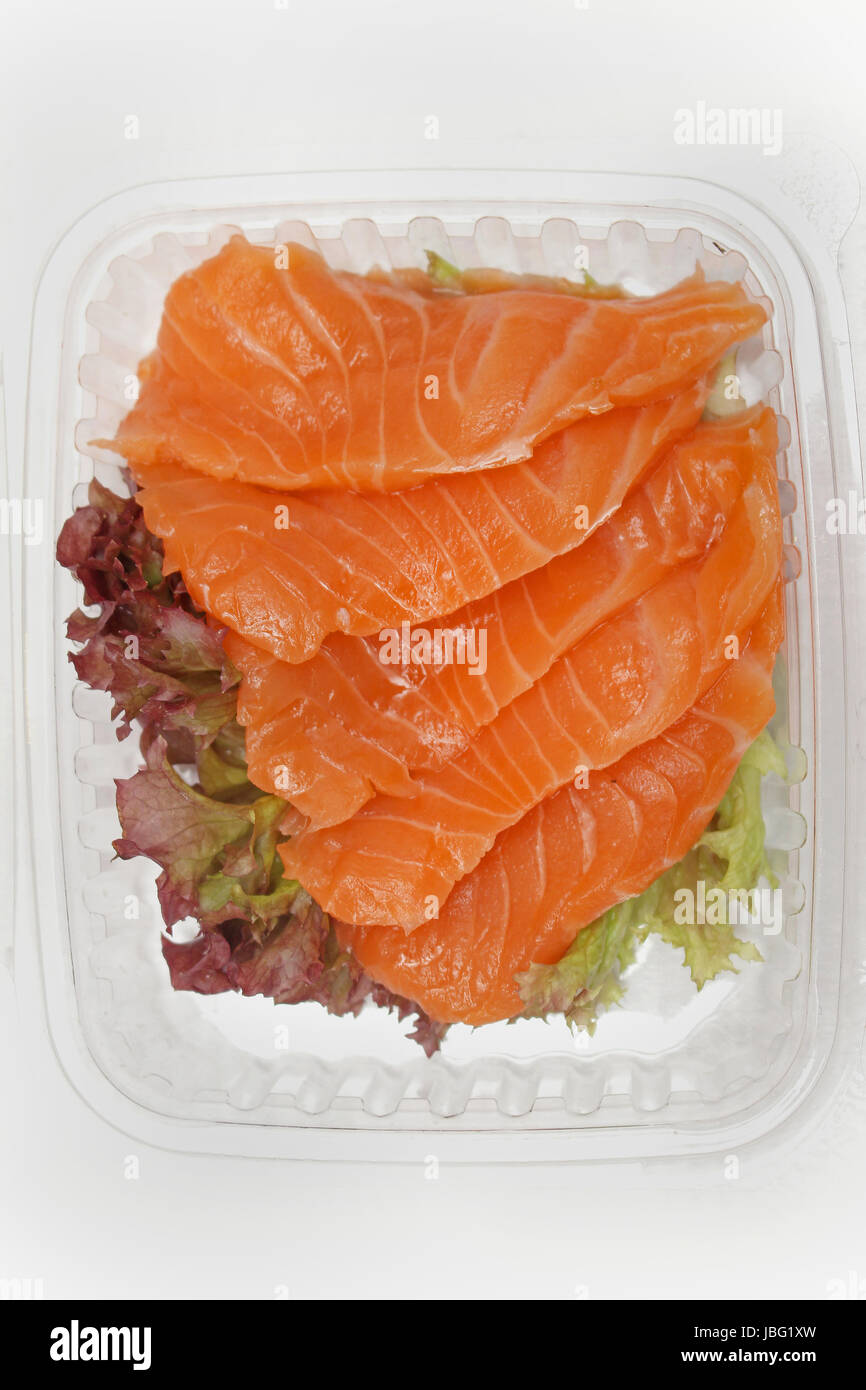 Fresh raw salmon fish in plastic box Stock Photo - Alamy