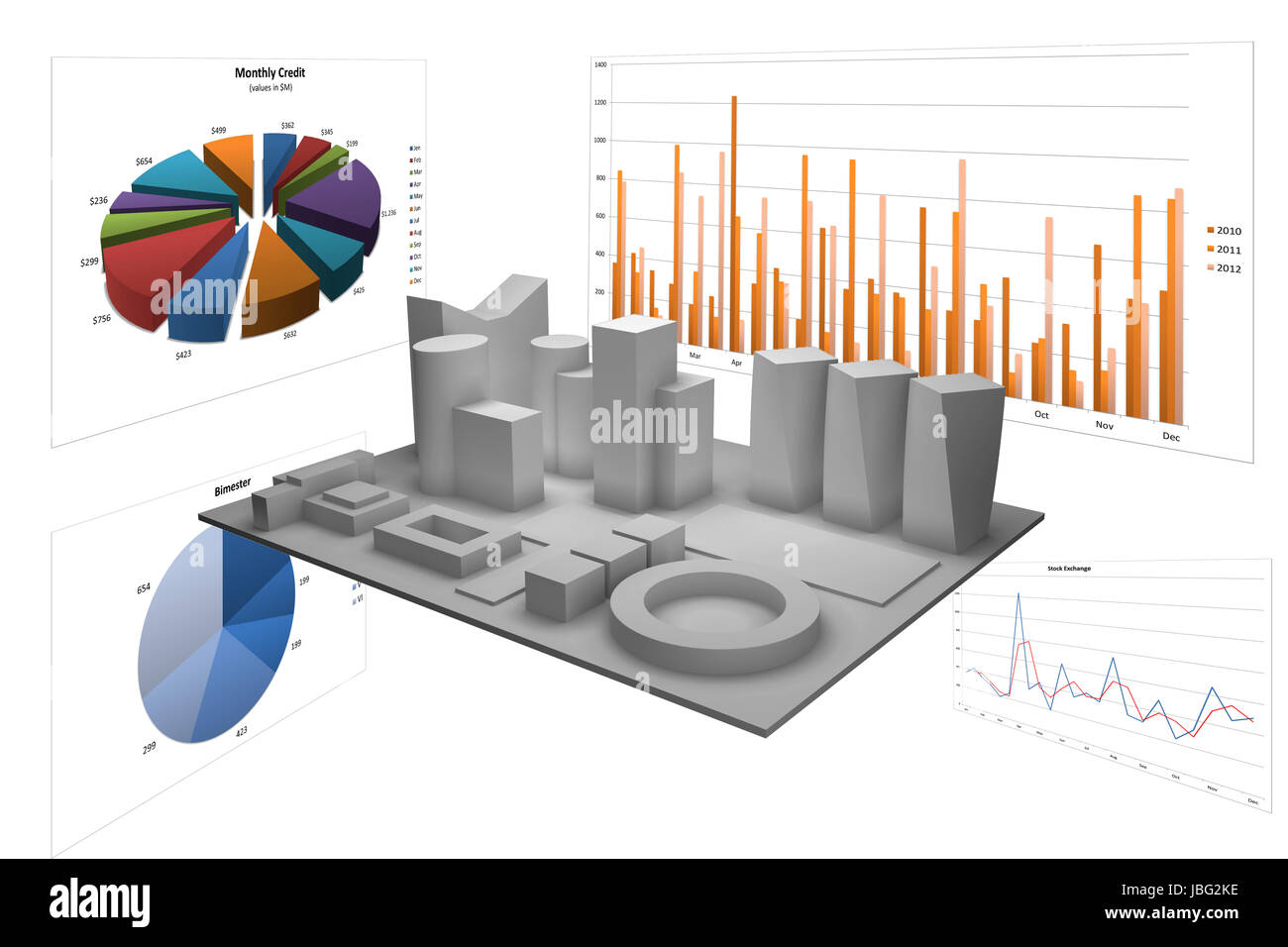 Abstract illustration of some building with different graphs Stock ...