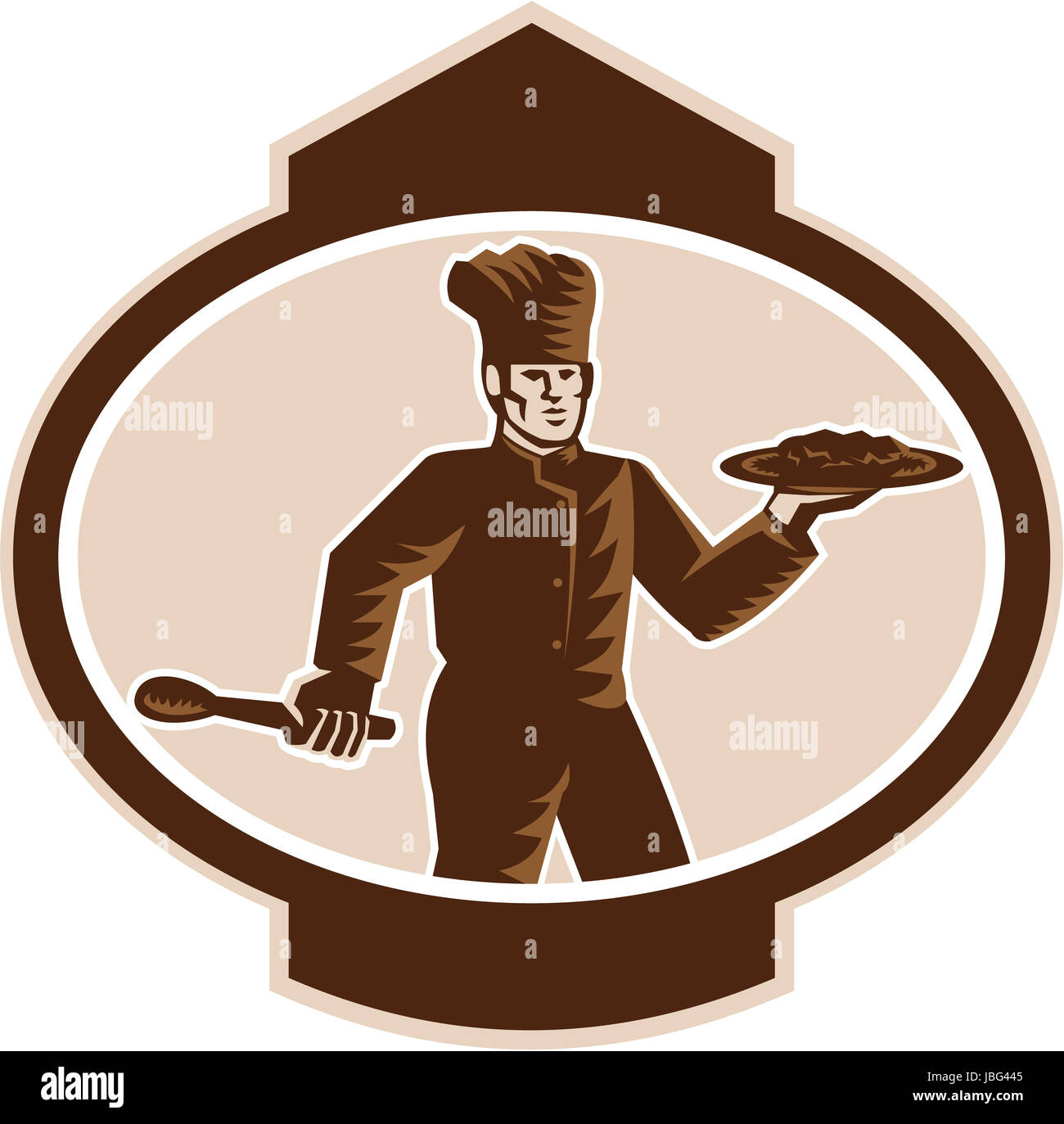 Illustration of a chef, cook or baker holding serving plate platter of ...