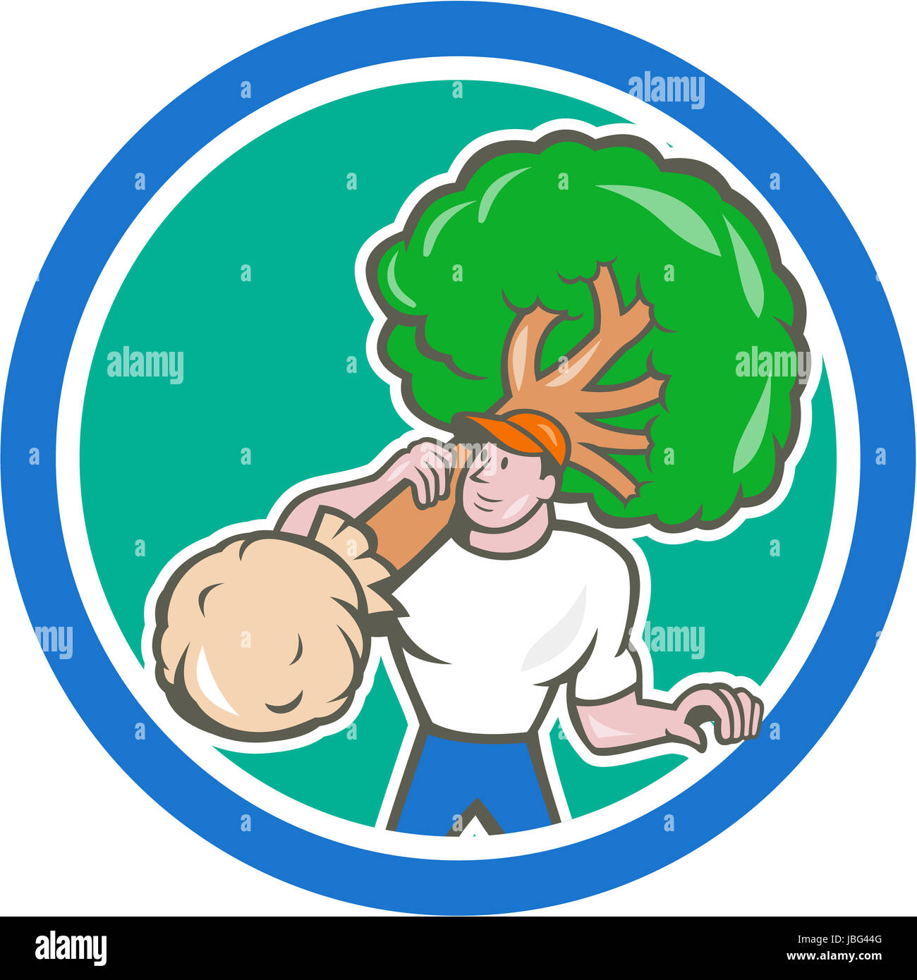 Illustration of gardener arborist tree surgeon carrying a tree viewed ...