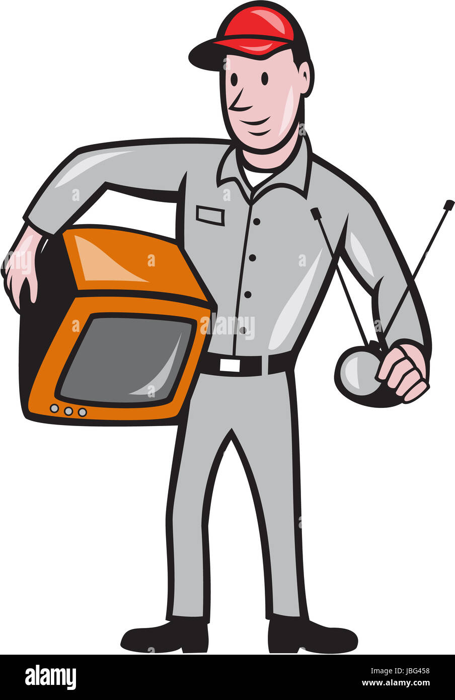 Illustration Of Tv Repairman Worker Tradesman Holding Tv Set And Antennae Viewed From Front Done 